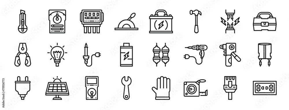 set of 24 outline web electrician tools and icons such as cutter ...