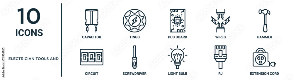 Electrician Tools And Linear Icon Set Includes Thin Line Tings Pcb Board Hammer Screwdriver