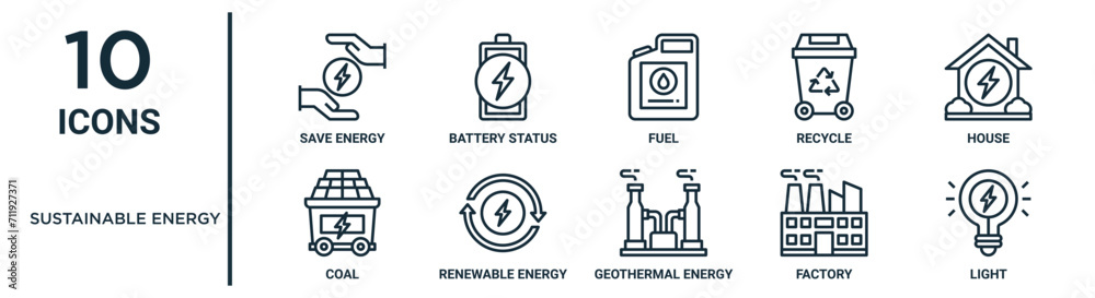 sustainable energy linear icon set. includes thin line battery status ...