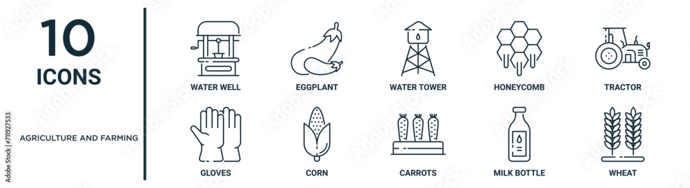 agriculture and farming linear icon set. includes thin line eggplant ...
