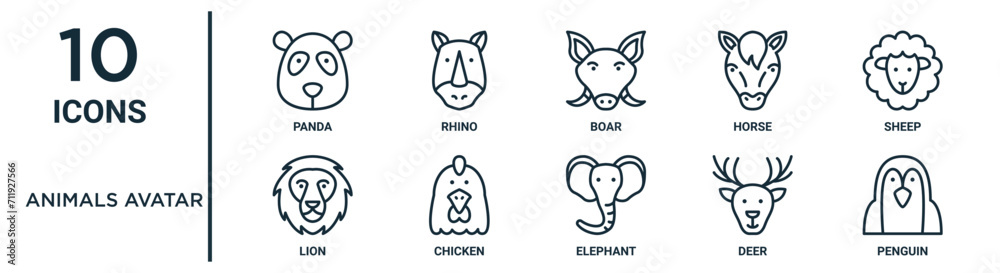 animals avatar linear icon set. includes thin line rhino, boar, sheep ...