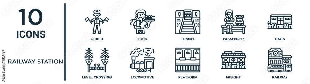 railway station linear icon set. includes thin line food, tunnel, train ...
