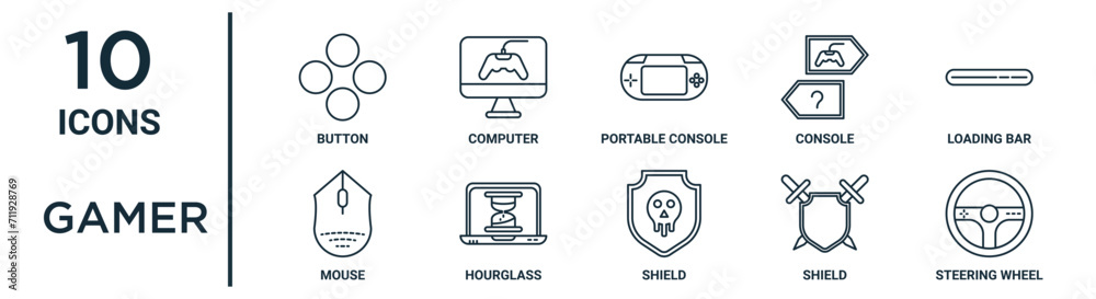 gamer linear icon set. includes thin line computer, portable console ...