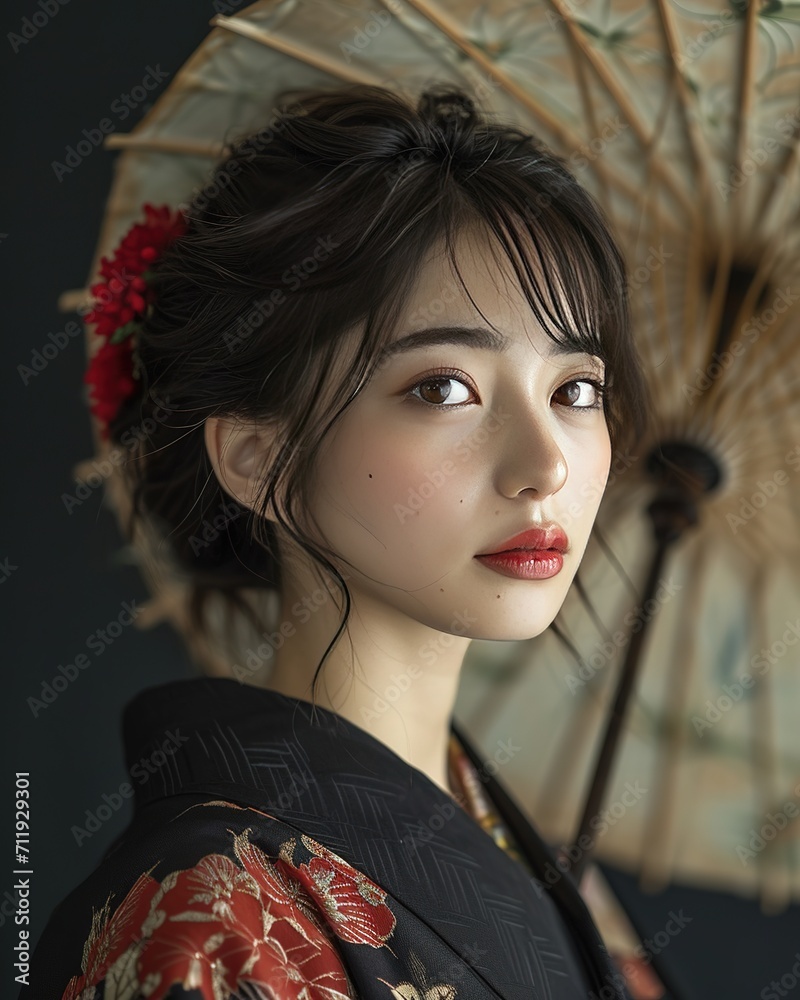 Japanese model Cinematic portrait. Young Asian beauty woman pulled back ...