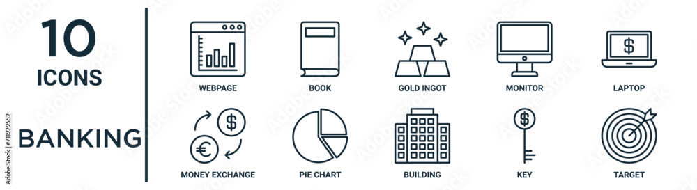 Vecteur Stock banking linear icon set. includes thin line book, gold ingot, laptop, pie chart ...