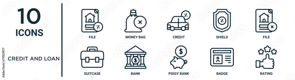 credit and loan linear icon set. includes thin line money bag, credit ...