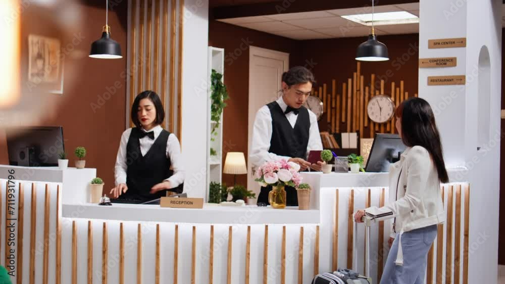 Hotel staff examines passport info for customer identification ...