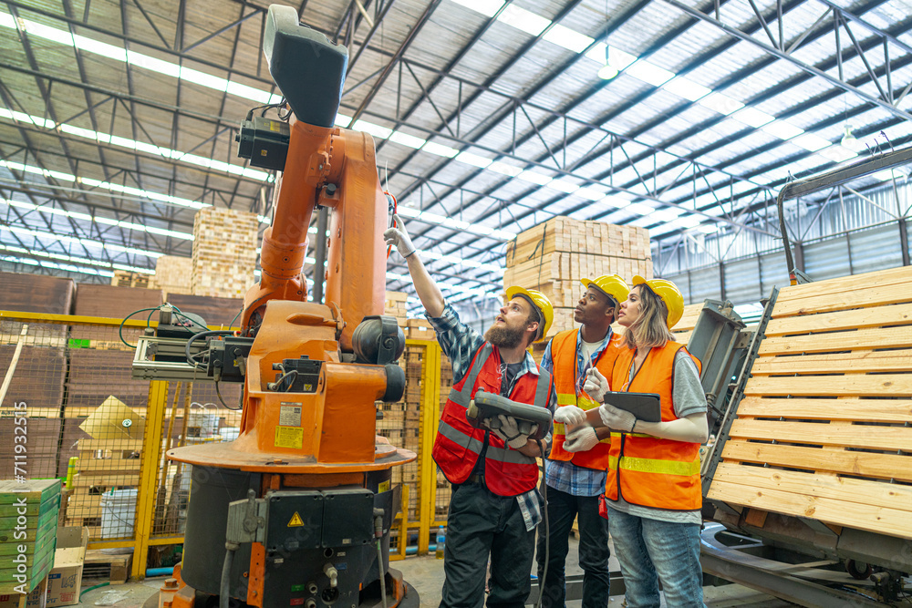 team Engineers standing by robotic arm and operating machine in factory ...