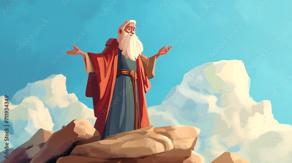 Cartoon depiction of prophet Elijah standing on a mountain edge with ...