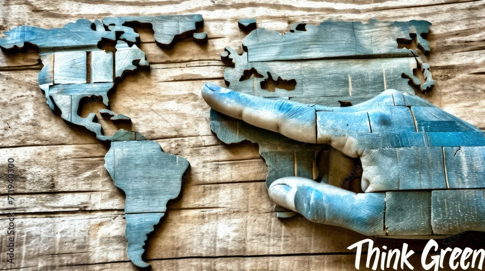 envirnomental Text "Think Green", On Wooden board and map of the world ...