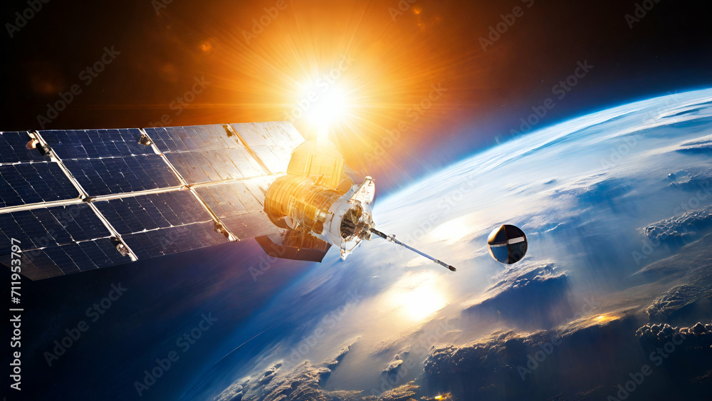 A sleek and streamlined satellite, its solar panels gleaming in the ...