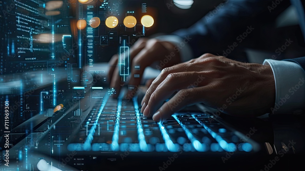 Close-up of a businessman's hands typing on a virtual command prompt ...