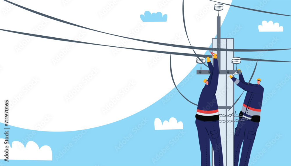Electricians working on power lines with tools, clear sky. Technicians ...