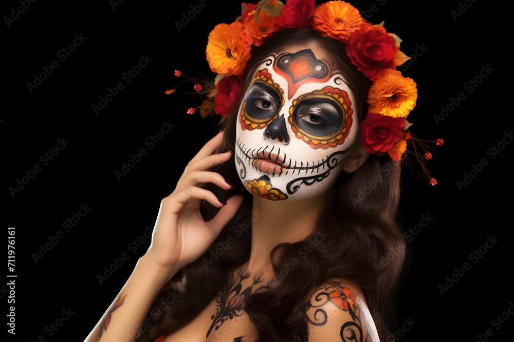 “A woman adorned with La Calavera Catrina makeup at a festival in ...