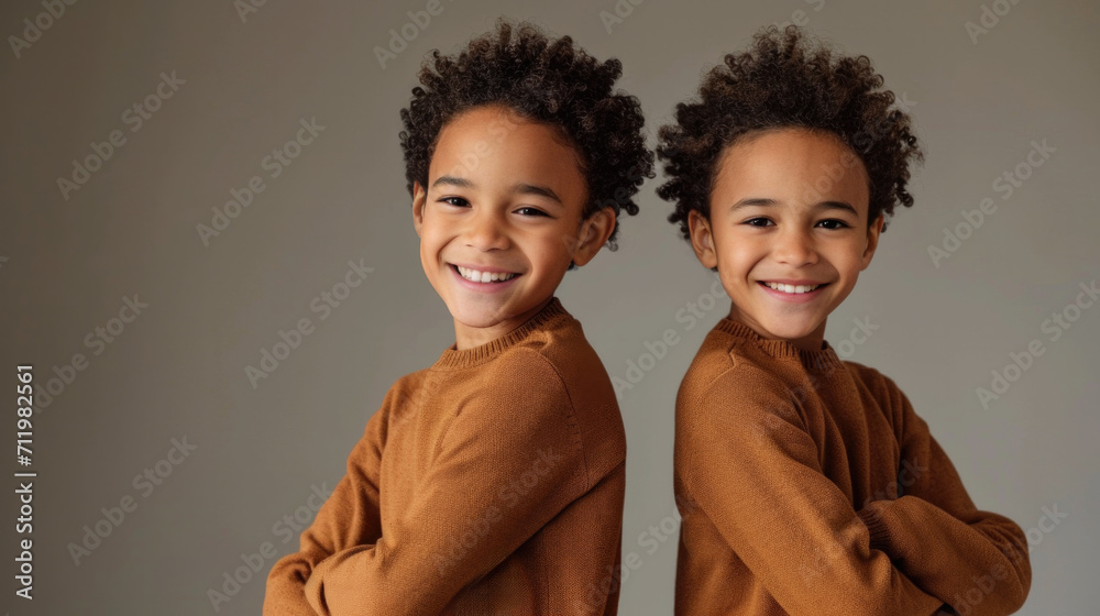 Two African American identical twin boys smiling for a studio portrait and wearing the same ...