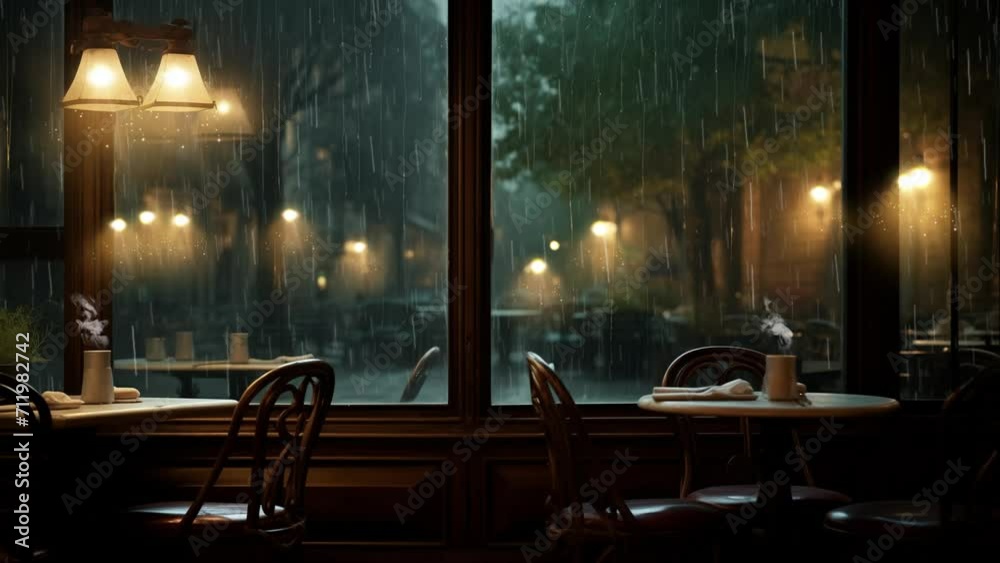 Vidéo Stock an umbrella over the window of a rainy cafe. dark outside ...