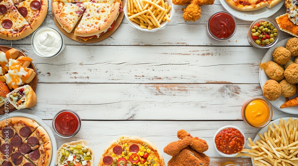 Junk food top border. Pizza, hamburgers, chicken wings and salty snacks ...