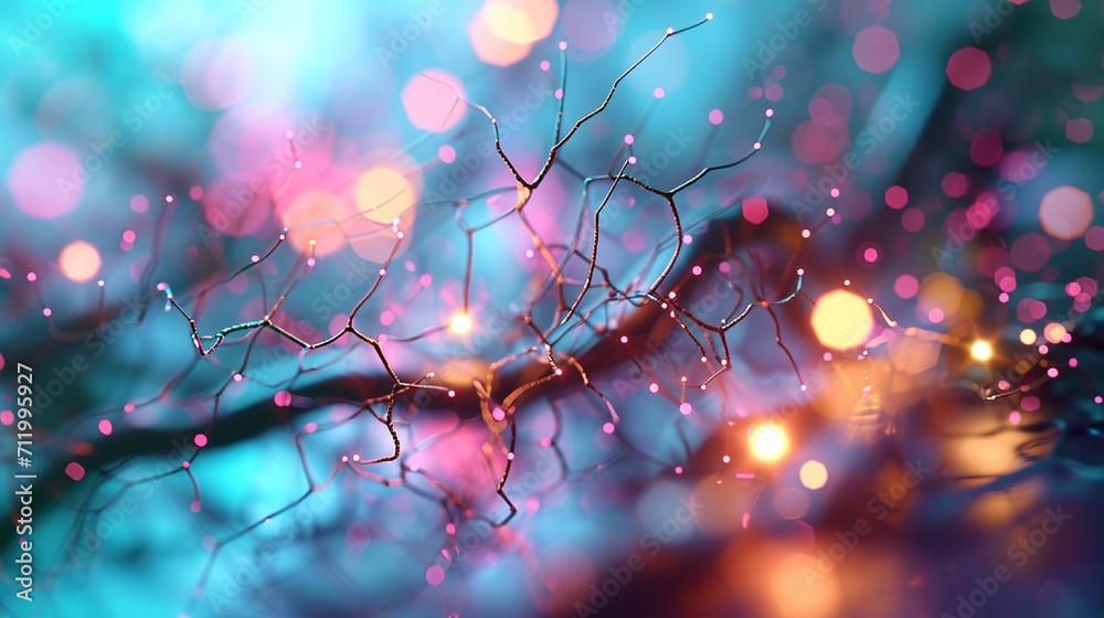 Abstract 3D representation of a neural network with neon synapses and glowing ultraviolet nodes ...