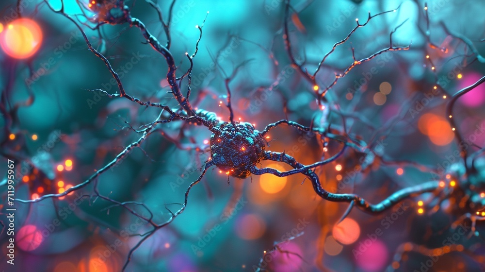 Abstract 3D representation of a neural network with neon synapses and ...