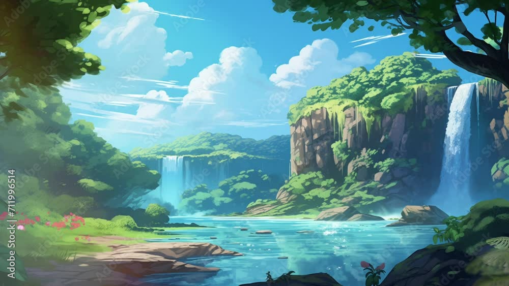 Animated illustration of a river view in the middle of a forest with a ...