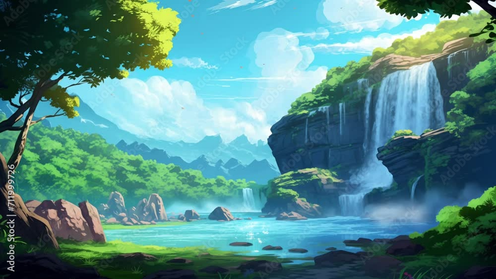 Animated illustration of a river view in the middle of a forest with a ...