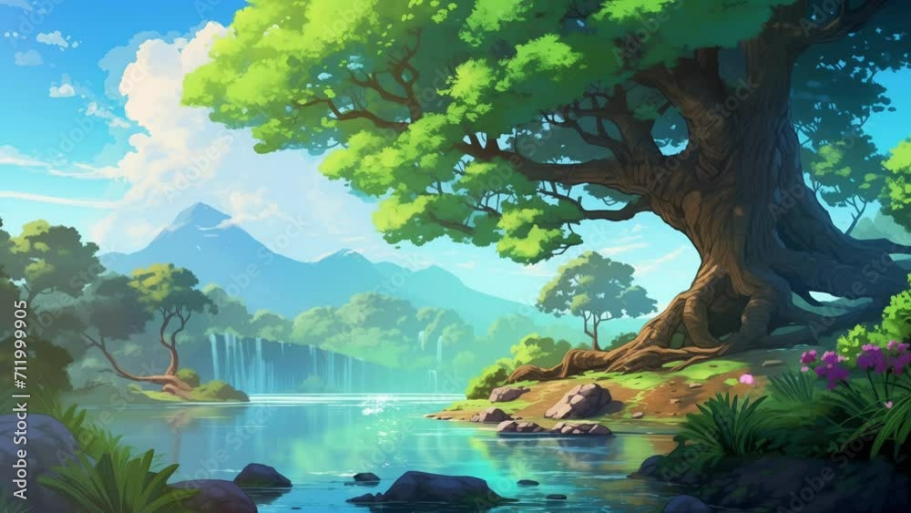 Vidéo Stock Animated illustration of a river view in the middle of a ...