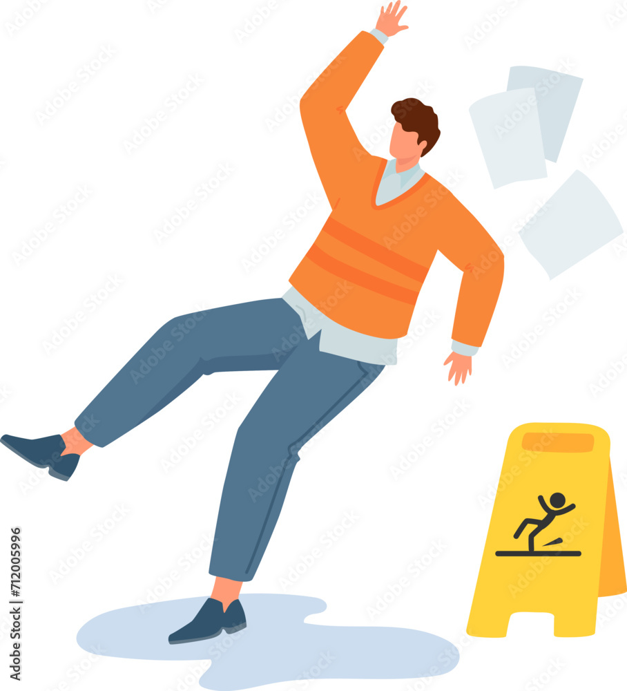 Man slipping on wet floor beside caution sign. Person loses balance at ...