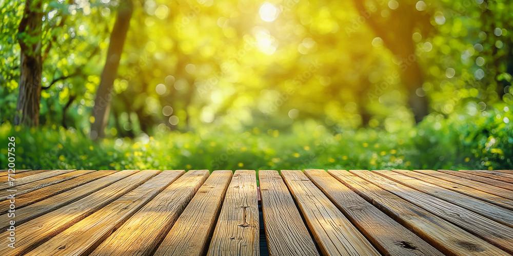 Wood floor with blurred trees of nature park background and summer ...