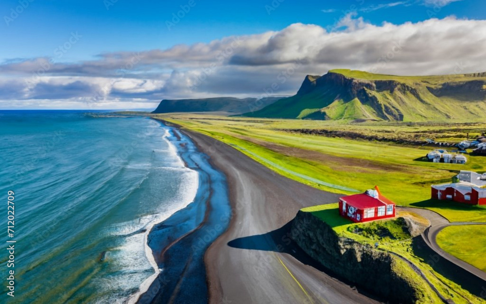 lake in the mountains, Aerial view - The village red house of Vik, at ...