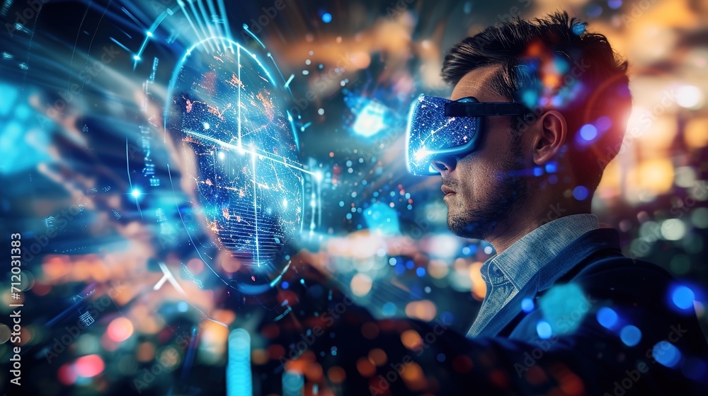 Businessman presenting futuristic business world metaverse graphic. In ...