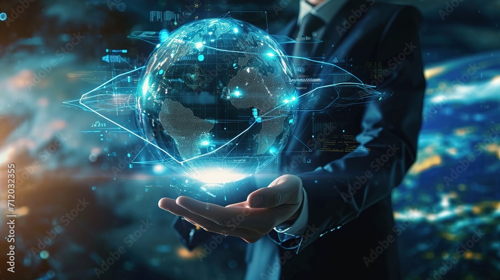 Businessman presenting futuristic business world metaverse graphic. In ...
