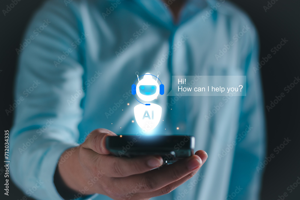 Chat robot ai assistant concept. Businessman show command prompt to ...