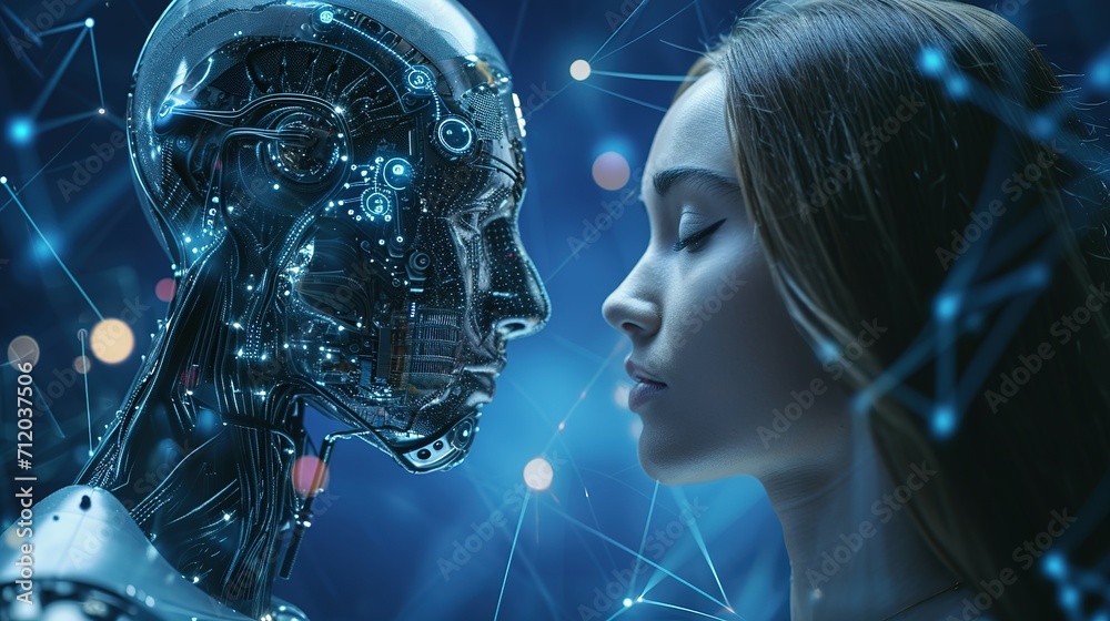 Robotics or ai artificial intelligence connecting interaction with human.Chat bot software ...