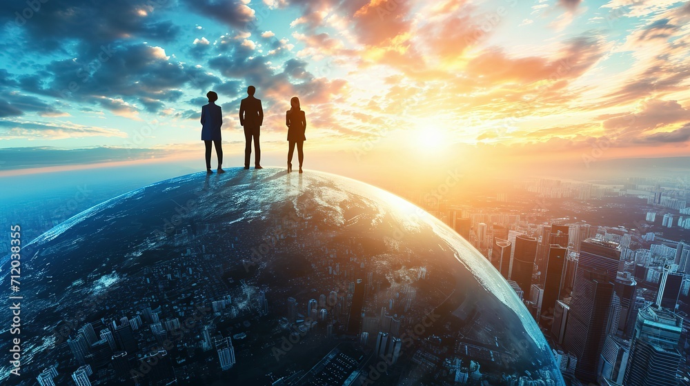 A team of business leaders atop a detailed globe, scanning the skyline ...