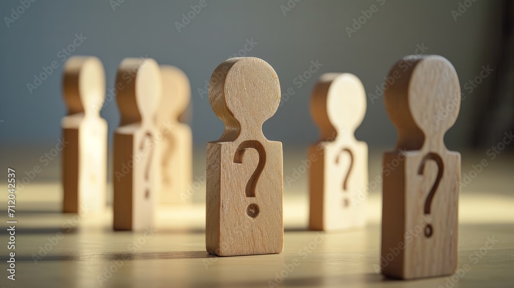 Wooden Figures with Carved Question Marks Standing in a Row ...