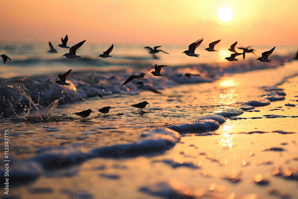 Coastal birds flying across the sky symbolizing migration. Stock ...