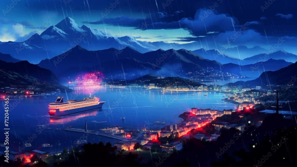 Fantasy anime landscape port city. Cruise ship with Fireworks festival ...