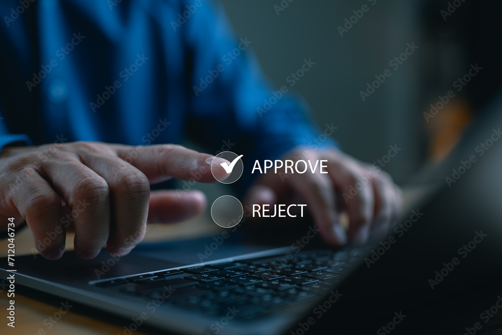 Approved, accept, pass inspection, Businessman writing or tick correct ...