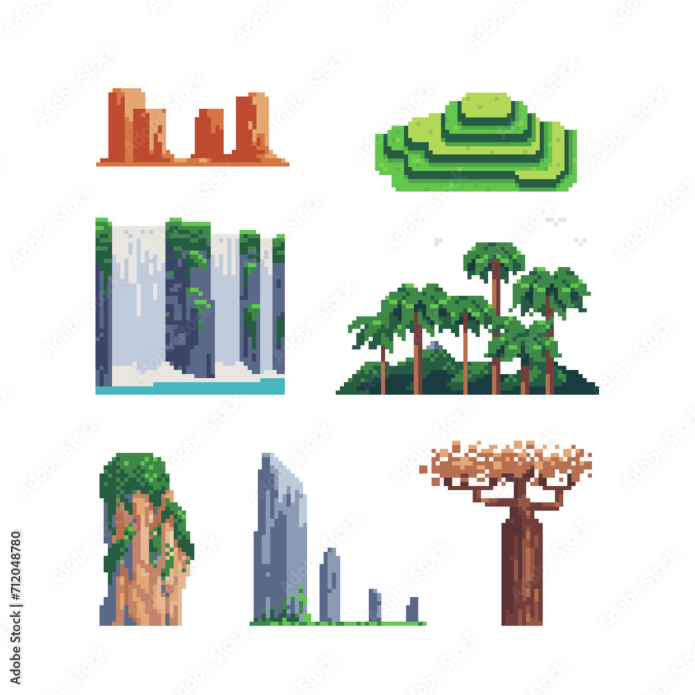 Nature landscape pixel art icon set. Tropical waterfall, baobab tree ...