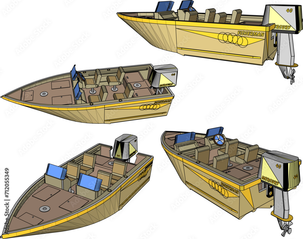 Vector sketch illustration of small boat motorboat design in the sea ...