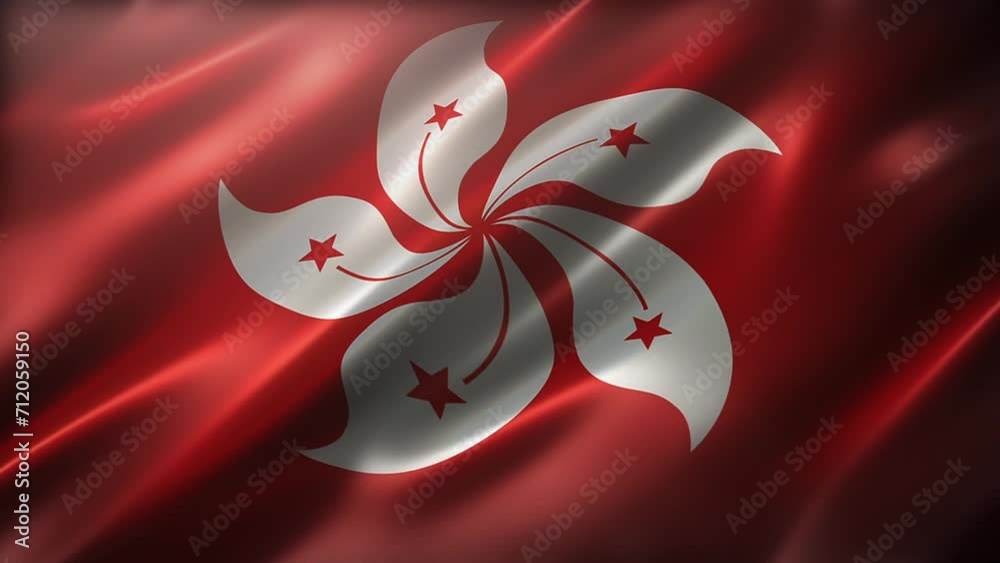 Flag of Hong Kong, high-angle, perspective view, waving in the wind ...