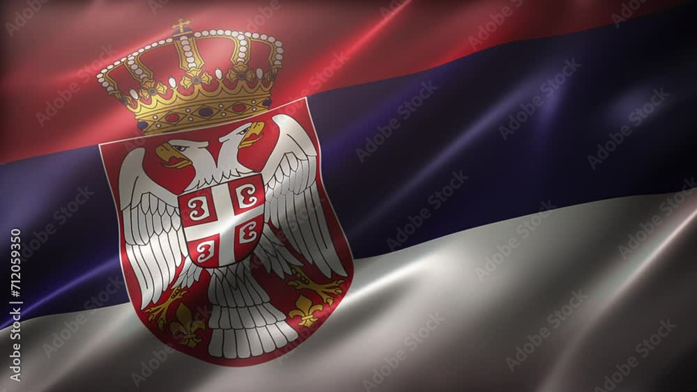 The Flag of Serbia, high-angle, perspective view, waving in the wind ...