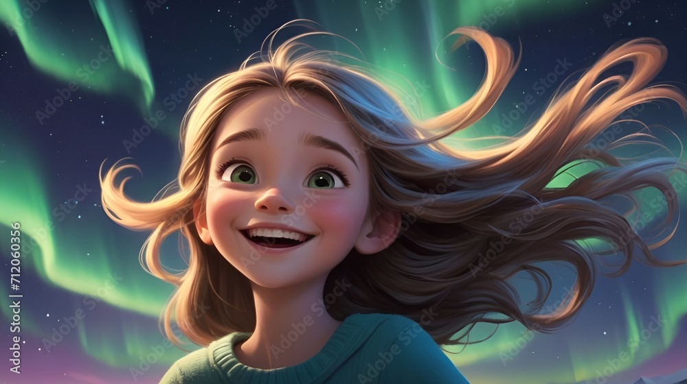 Cute beautiful gorgeous girl looking at Northern light in the sky ...