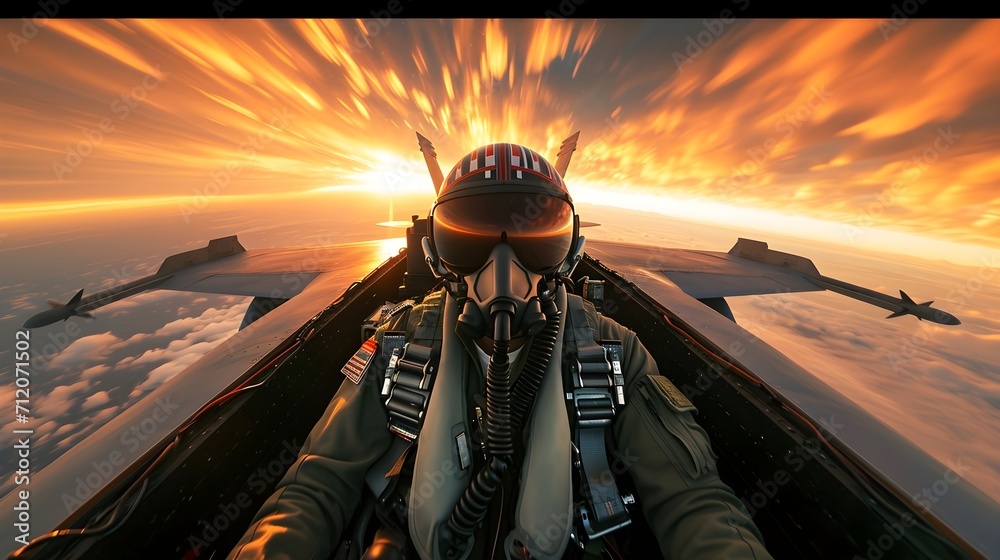 Fighter pilot's close up shot in the cockpit of the fighter jet. Flying ...