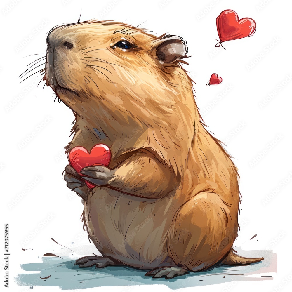 Lonely Capybara in love. illustration of capibara with heart in her ...