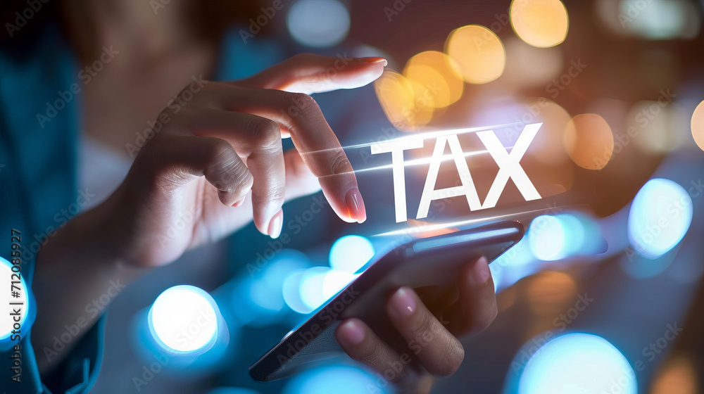 Businesswomen looking at her taxes report on a digital device , Tax ...