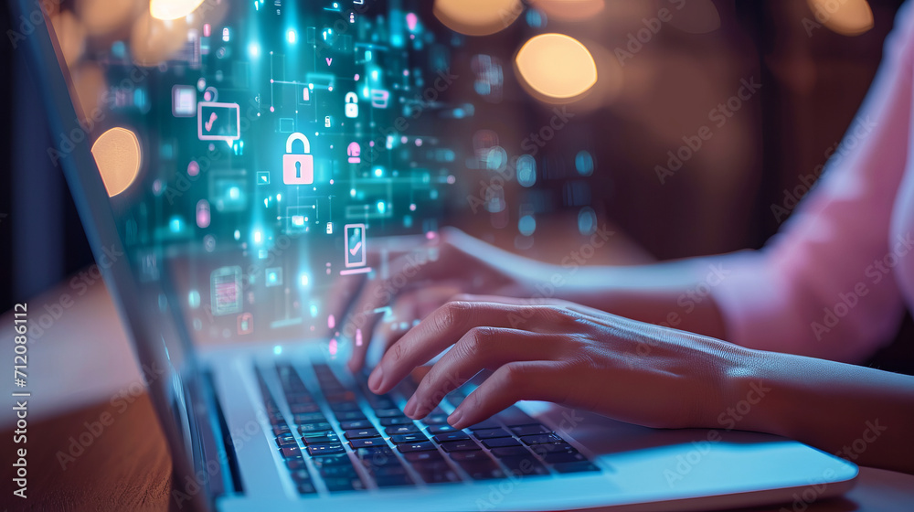 Woman using a laptops computer show a Privacy Lock icon on virtual ...