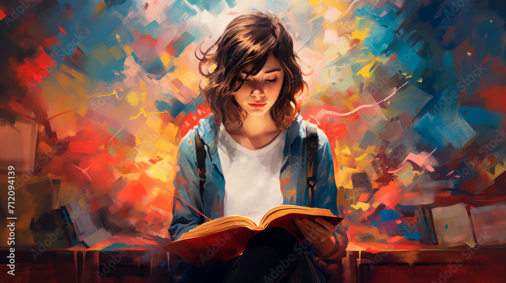 Enthusiastic young woman reads book surrounded by swirl of colorful ...