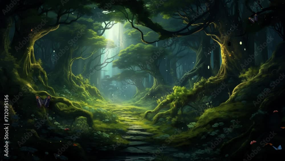 Illustration of the green forest fantasy landscape. seamless looping ...