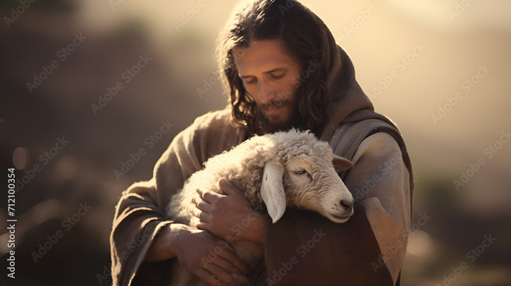 A depiction of Jesus as the Good Shepherd, with a lamb around His ...